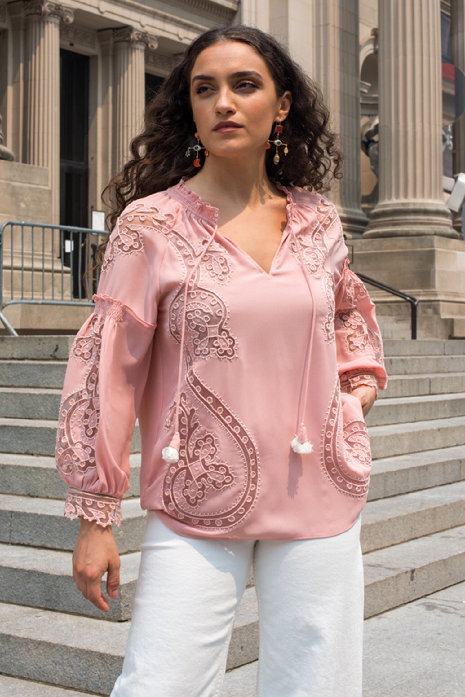 Buy Ranna Gill Peach Viscose Embroidered Top Online | Aza Fashions