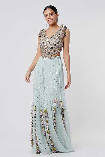 Buy Blue Georgette Embroidered Mukaish Work V Backless Choli And ...