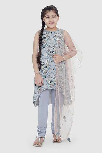 Buy Blue Art Georgette And Net Floral Kurta & Churidar Set For Girls by ...