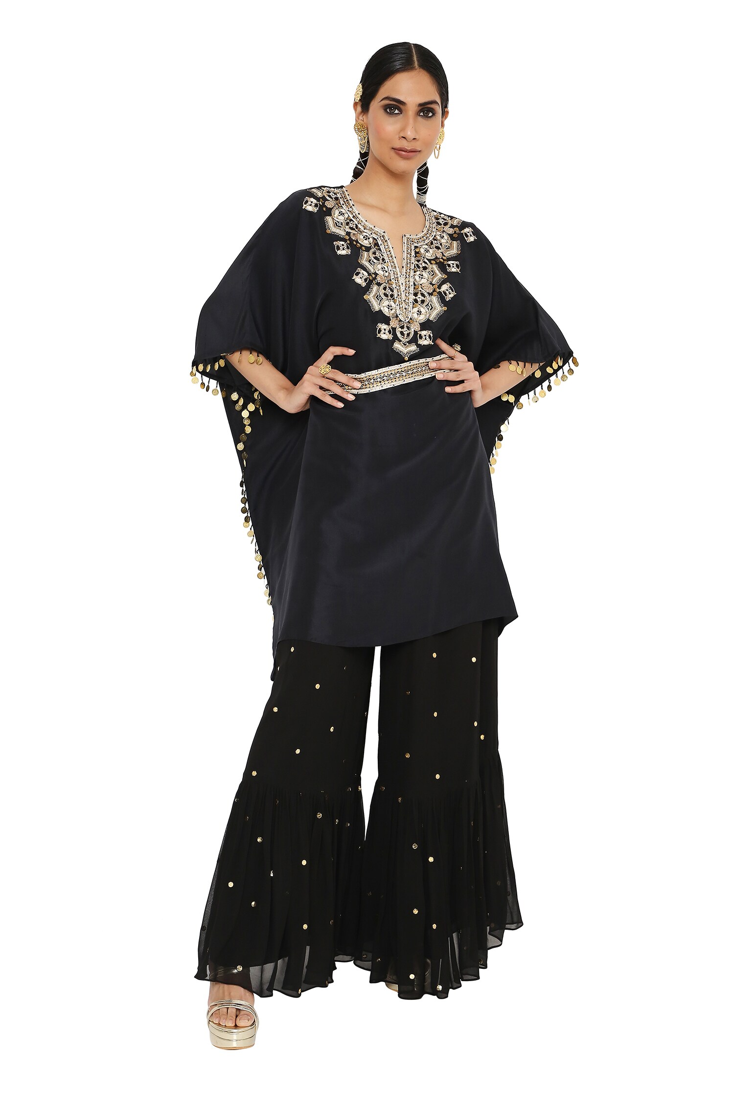Buy Payal Singhal Black Abutai Silk Juri Embroidered Kaftan And Sharara ...