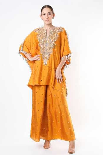Buy Yellow Silk Embroidered Mukaish And Floral Pattern Kaftan & Palazzo ...
