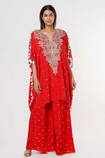 Buy Red Silk Embroidered Mukaish And Floral Pattern Kaftan & Palazzo ...