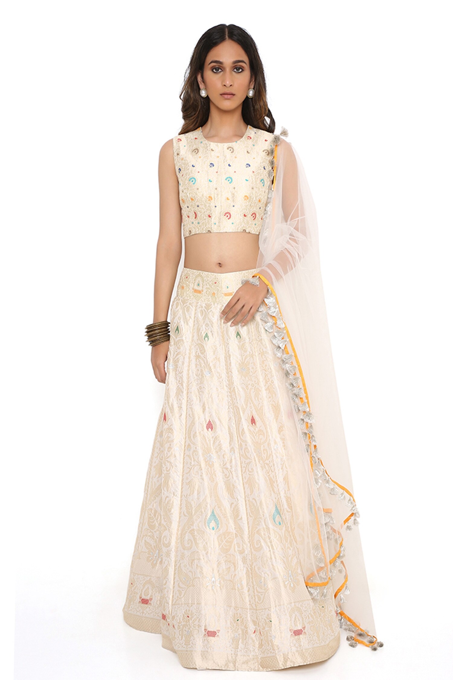 Buy Cream Silk Woven Round Banarasi Lehenga Set For Women by Payal ...
