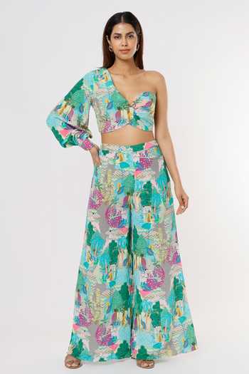 Buy Grey Crepe Kuno One Shoulder Crop Top And Palazzo Set For Women by ...