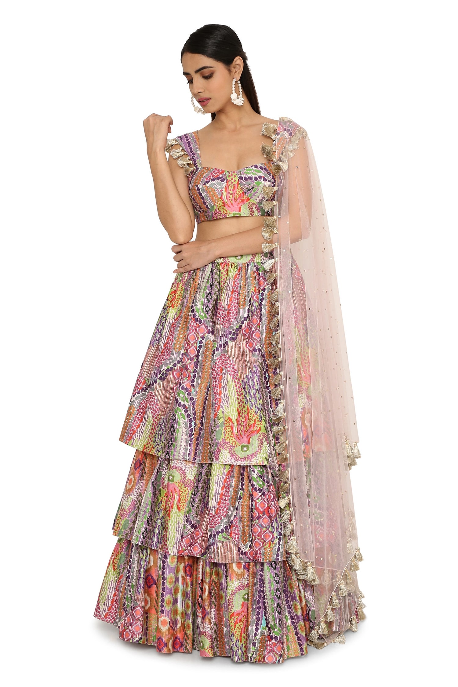 Buy Payal Singhal Multi Color Dupion Silk African Print Layered Lehenga ...