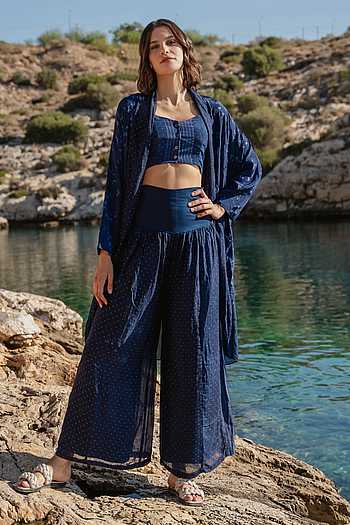 Buy Blue Silk Mulmul And Knit Printed Floral & Polka Dots Pant Set For ...