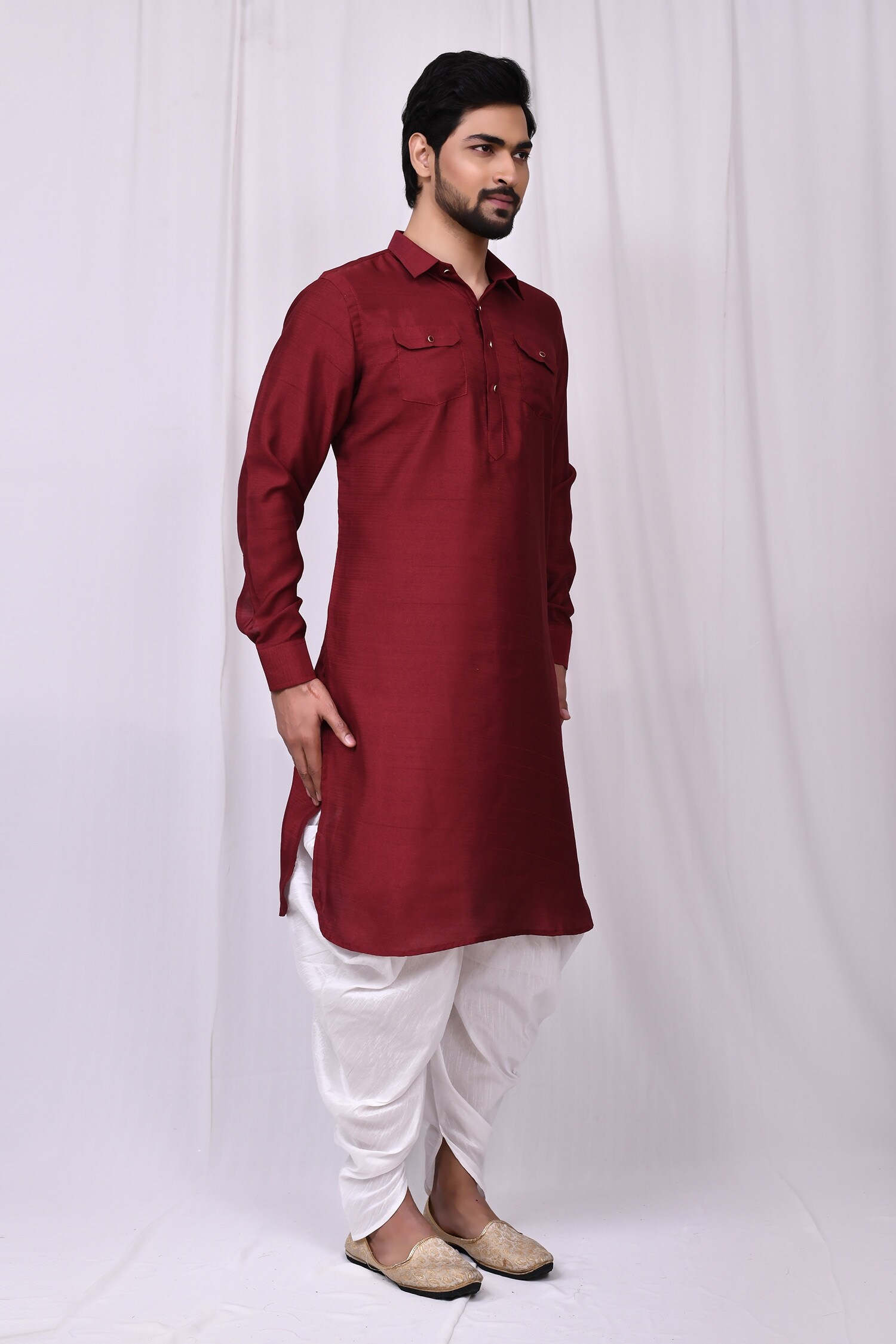 Buy Samyukta Singhania- Men Maroon Art Silk Pathani Kurta And Dhoti ...