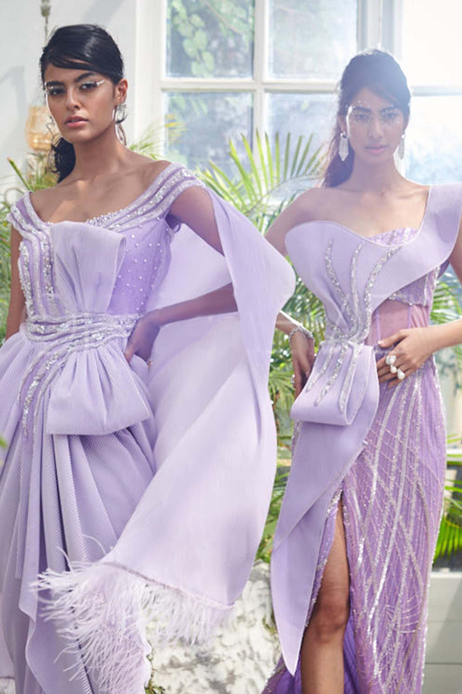 Buy Kamaali Pret Purple Net High Slit Structured Peplum Gown Online ...