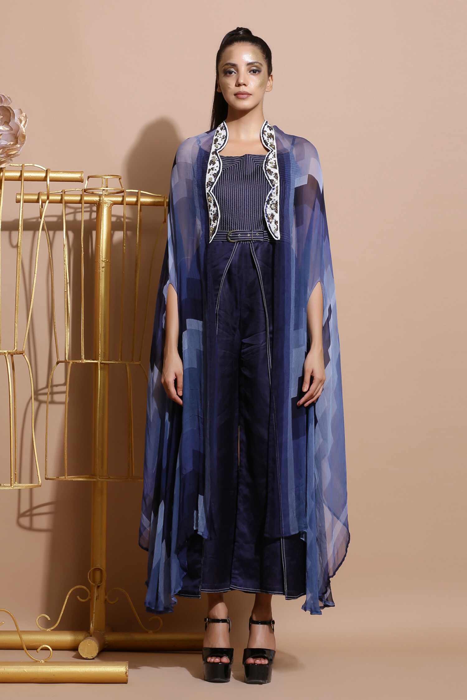 Buy Pallavi Jaipur Blue Chiffon Printed Long Cape Online | Aza Fashions