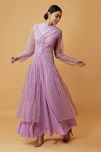Buy Purple Muslin Embroidery Sequin Gown: Round With Jacket For Women ...