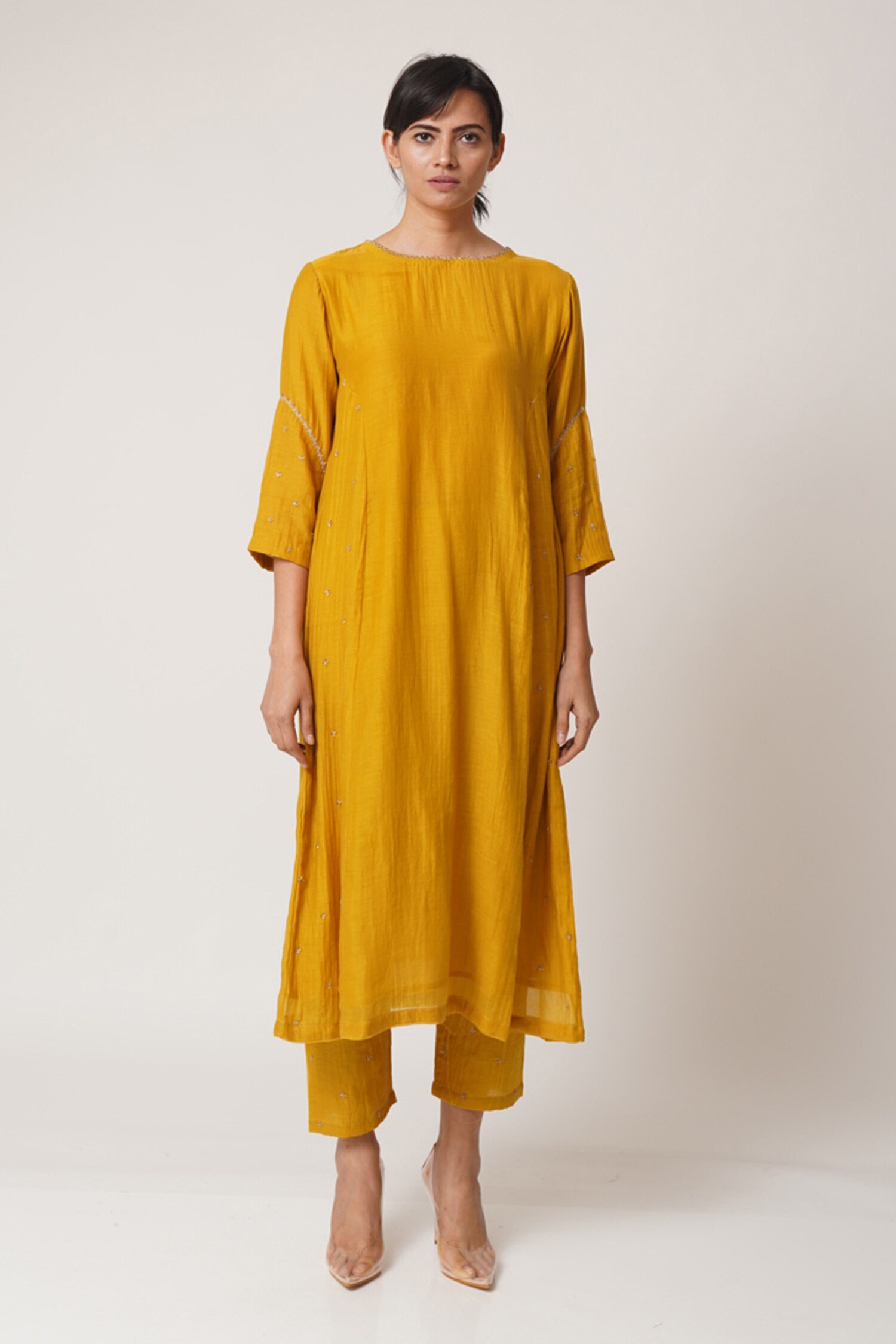 Buy Dot Yellow Chanderi Kurta Set Online | Aza Fashions