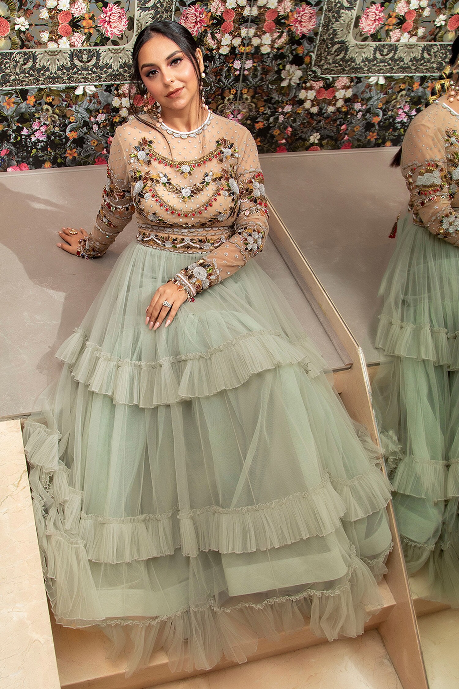 Buy Blue Tulle Embroidered Floral Pattern Frill Skirt And Blouse Set ...