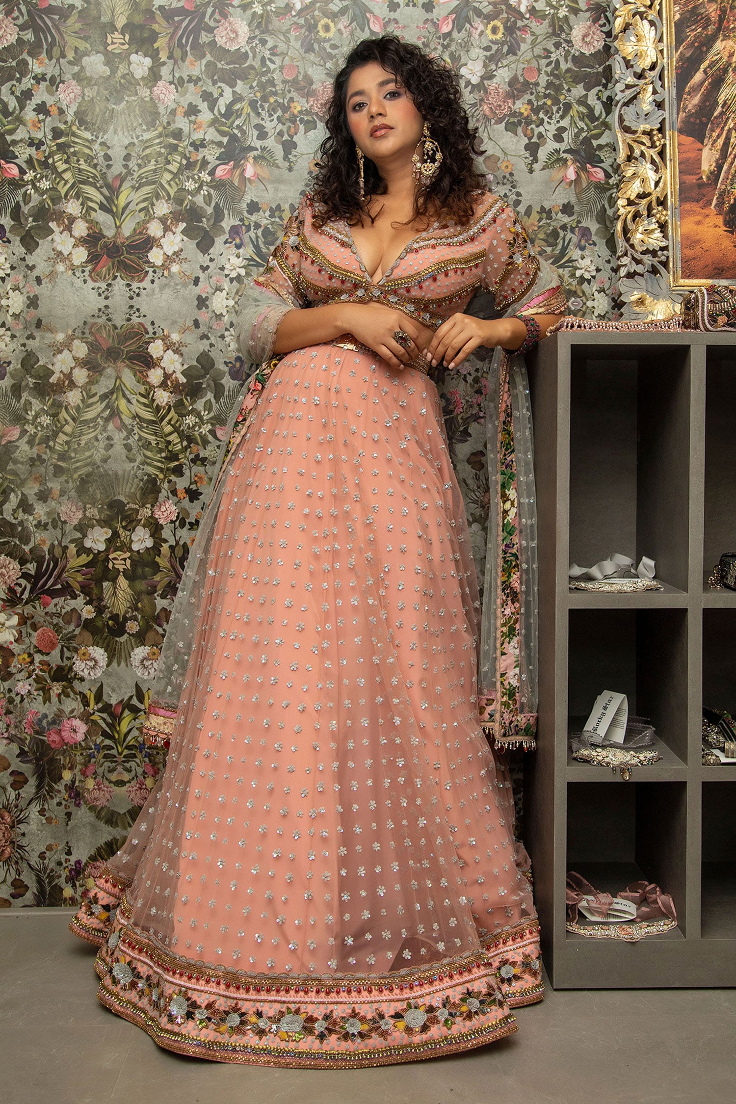 Buy Pink Net Embroidered Floral Pattern V Neck Lehenga Set For Women By