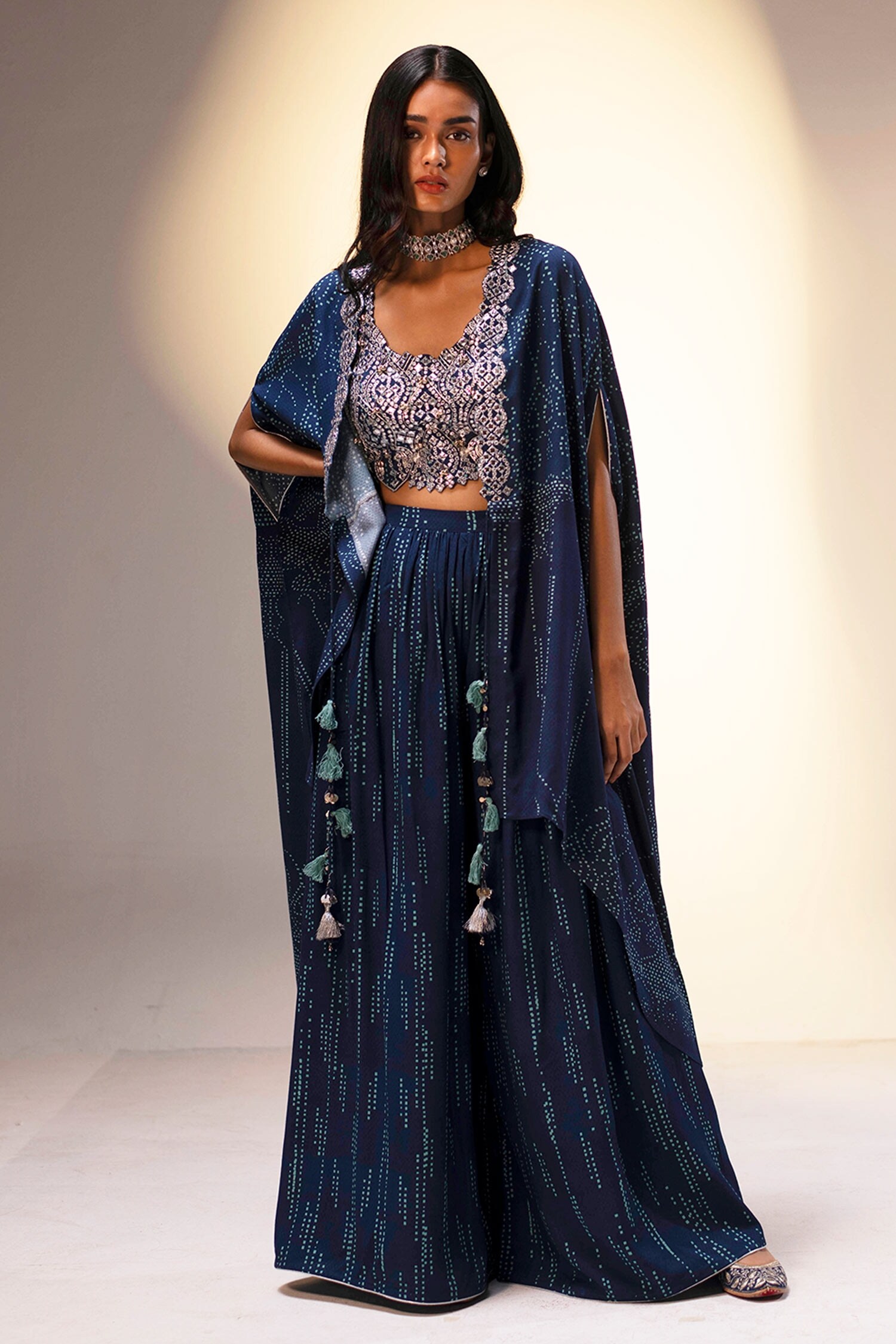 Buy Blue Rayon Flex Embroidery Metal Coins Cape Open Palazzo Set For ...