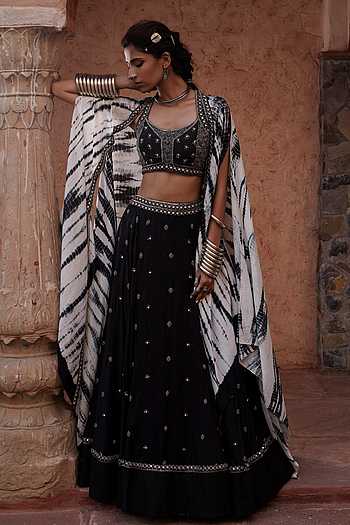 Buy Reeti Arneja Black Silk Shibori Cape And Lehenga Set Online | Aza ...
