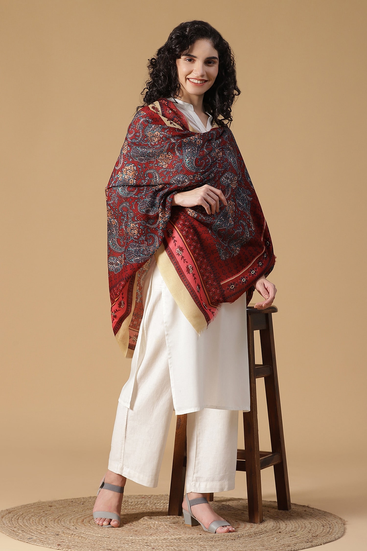 Buy Maroon Paisley Floral Wool Print Shawl by SHINGORA Online at Aza ...