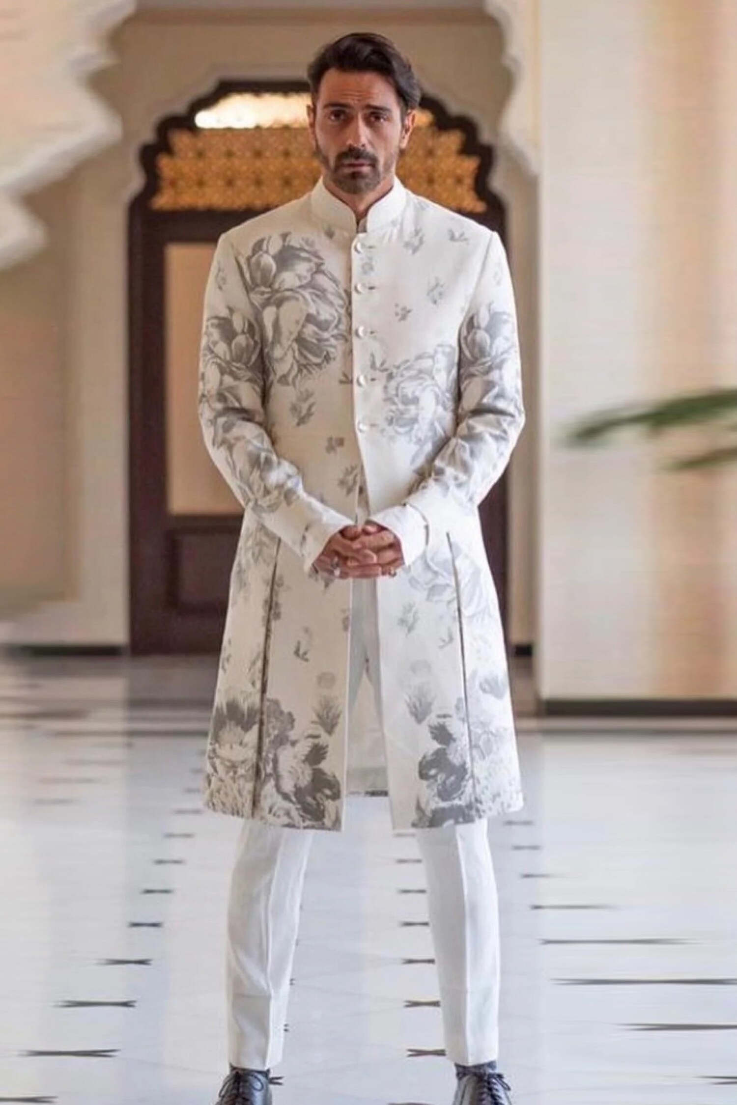 Buy Ivory Matka Silk Digital Prints Floral Pattern Sherwani For Men by ...