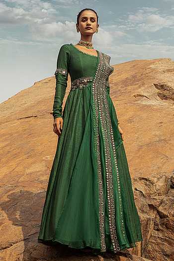 Buy Green Silk Square Neck Anarkali With Embellished Dupatta For Women ...
