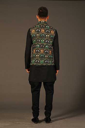 Buy Rohit Bal - Men Black Silk Linen Floral And Bird Print Bundi Online ...