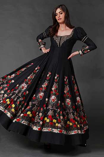 Buy Black Chanderi Printed Floral Square Neck Anarkali Set For Women by ...