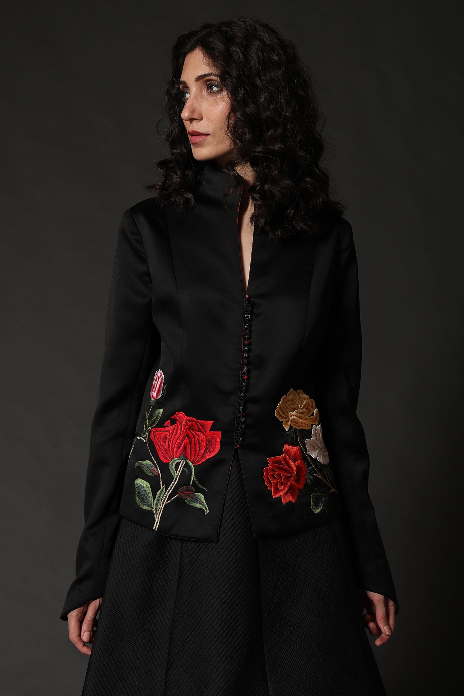 Buy Rohit Bal Black Silk Satin Embroidered Jacket Online | Aza Fashions