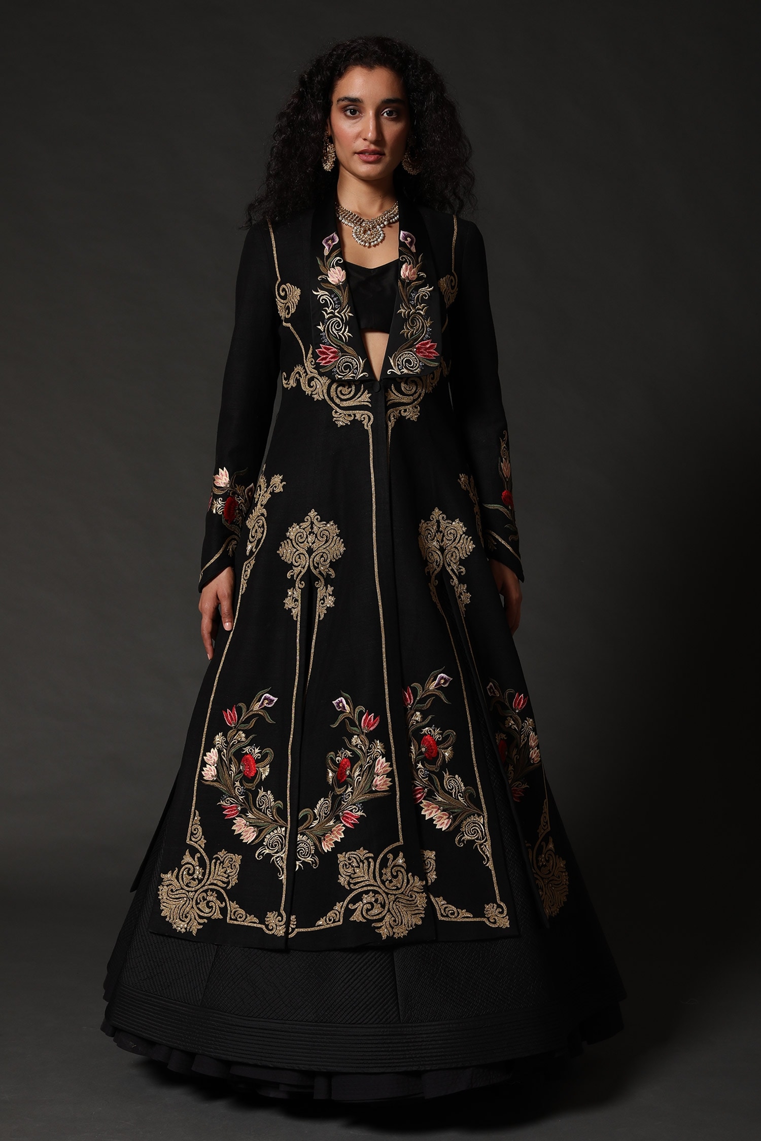 Buy Black Matka Silk Embroidered Floral Shawl Lapel Long Jacket For ...