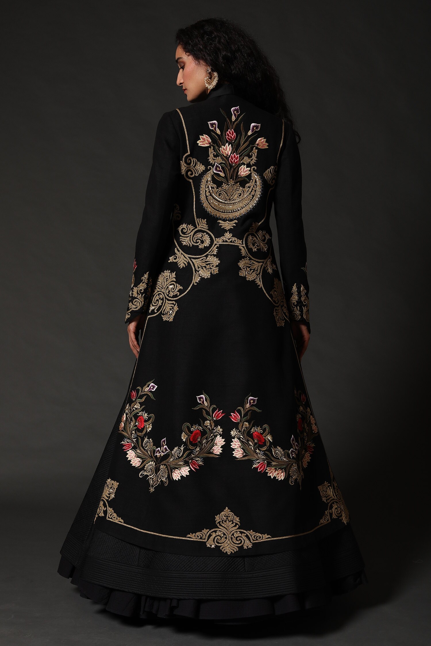 Buy Rohit Bal Black Matka Silk Embroidered Long Jacket Online | Aza ...