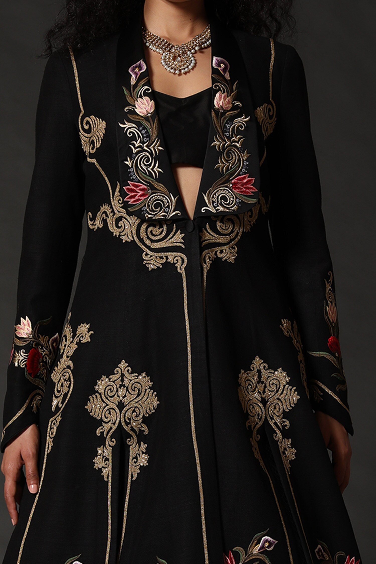 Buy Rohit Bal Black Matka Silk Embroidered Long Jacket Online | Aza ...