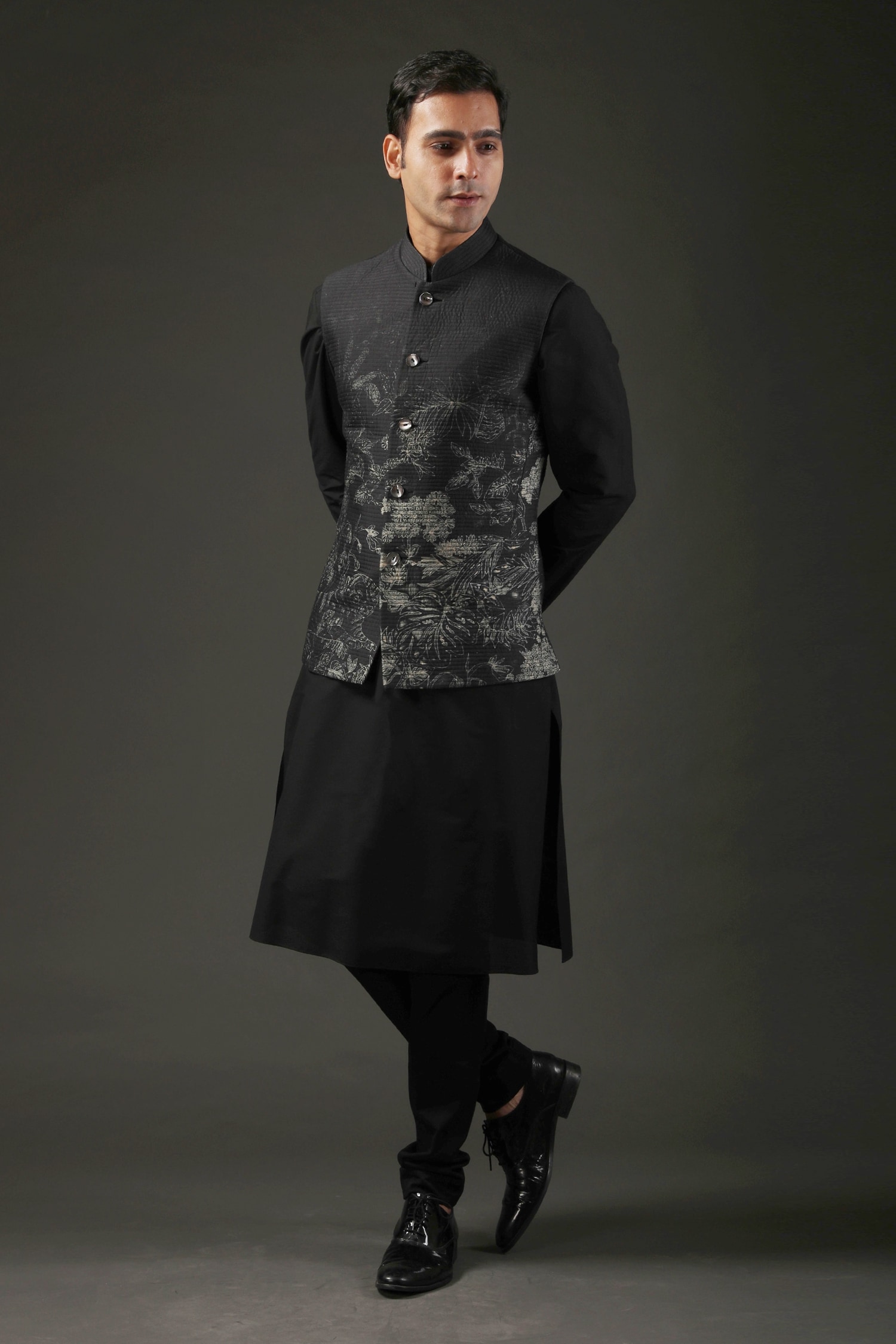 Buy Rohit Bal Black Chanderi Silk Shibori Print Nehru Jacket Online ...