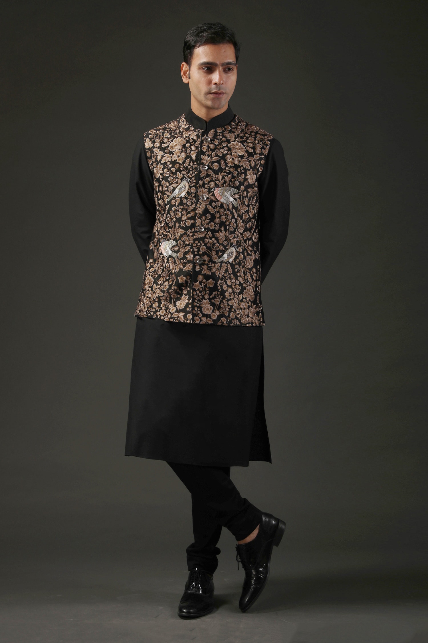 Buy Black Chanderi Silk Embroidered Bird Nehru Jacket For Men by Rohit ...