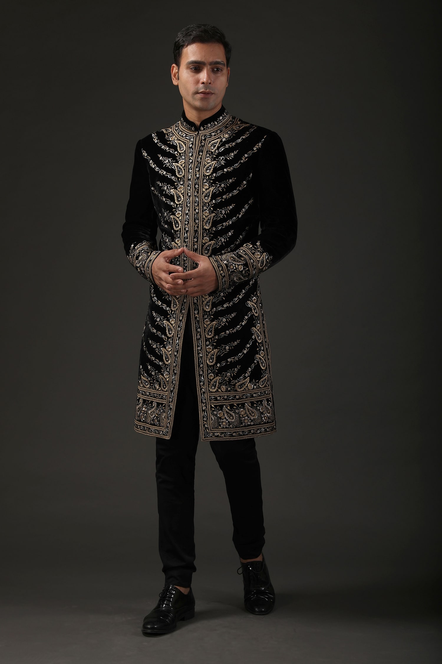 Buy Black Silk Velvet Embroidered Resham Sherwani For Men by Rohit Bal ...