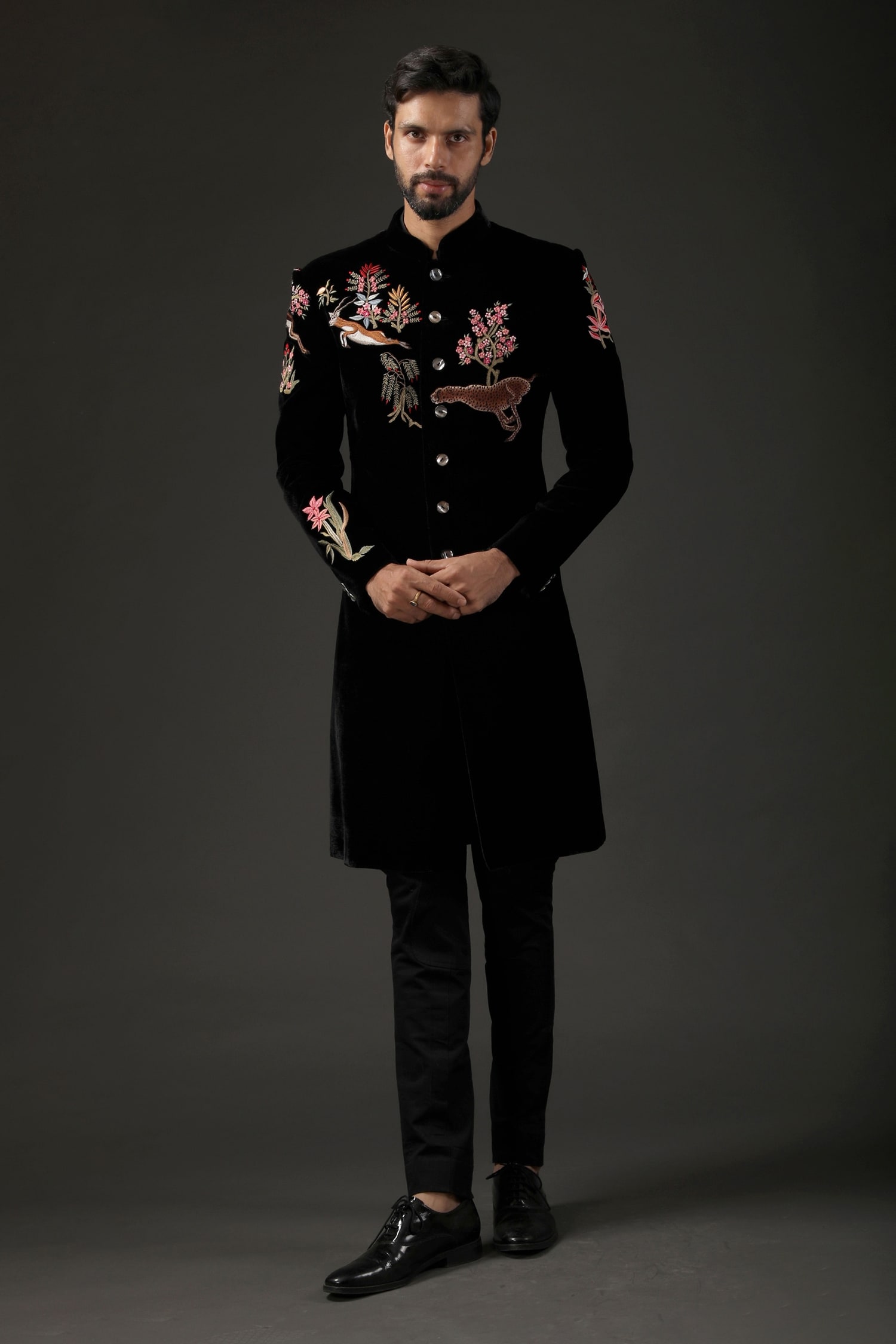 Buy Black Silk Velvet Embroidered Resham Sherwani For Men by Rohit Bal ...