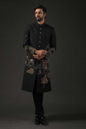 Buy Black Matka Silk Embroidered Resham Sherwani For Men by Rohit Bal ...