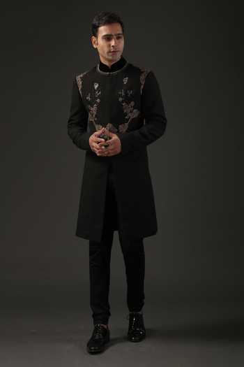 Buy Black Matka Silk Embroidered Zari Sherwani For Men by Rohit Bal ...