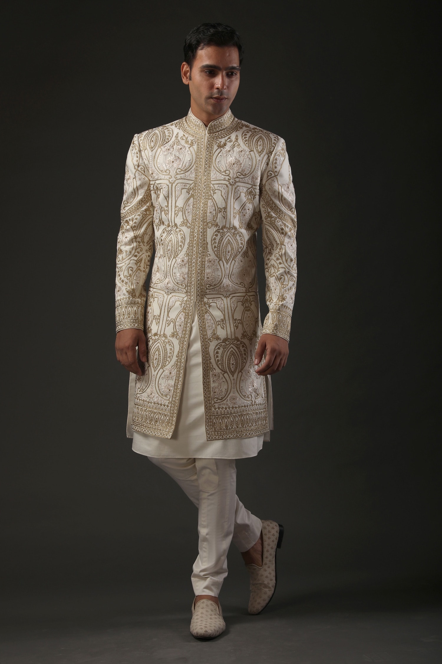 Buy Ivory Matka Silk Embroidered Zari Sherwani For Men by Rohit Bal ...