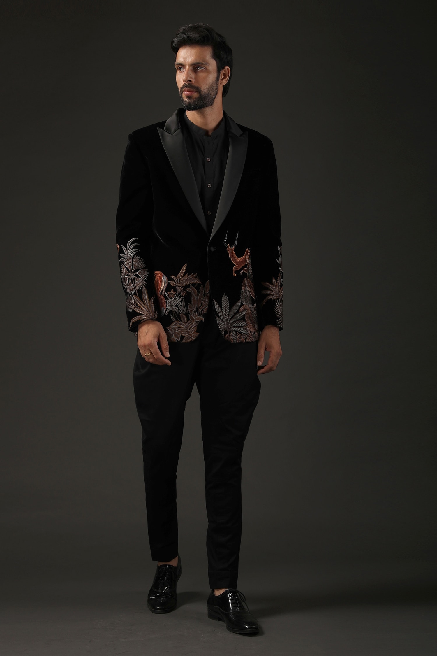 Buy Black Silk Velvet Embroidered Resham Work Tuxedo For Men by Rohit ...