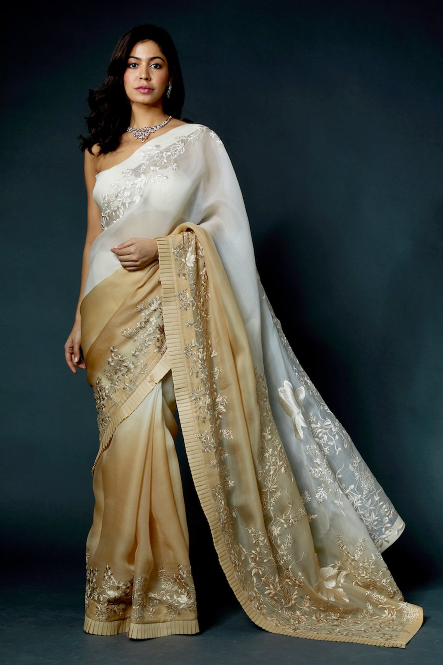 Buy Ivory Saree Organza Embroidered Resham Thread Ombre With Blouse For ...