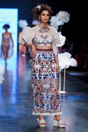 Buy White Spandex And Organza Peacock Skirt For Women by Rina Dhaka ...