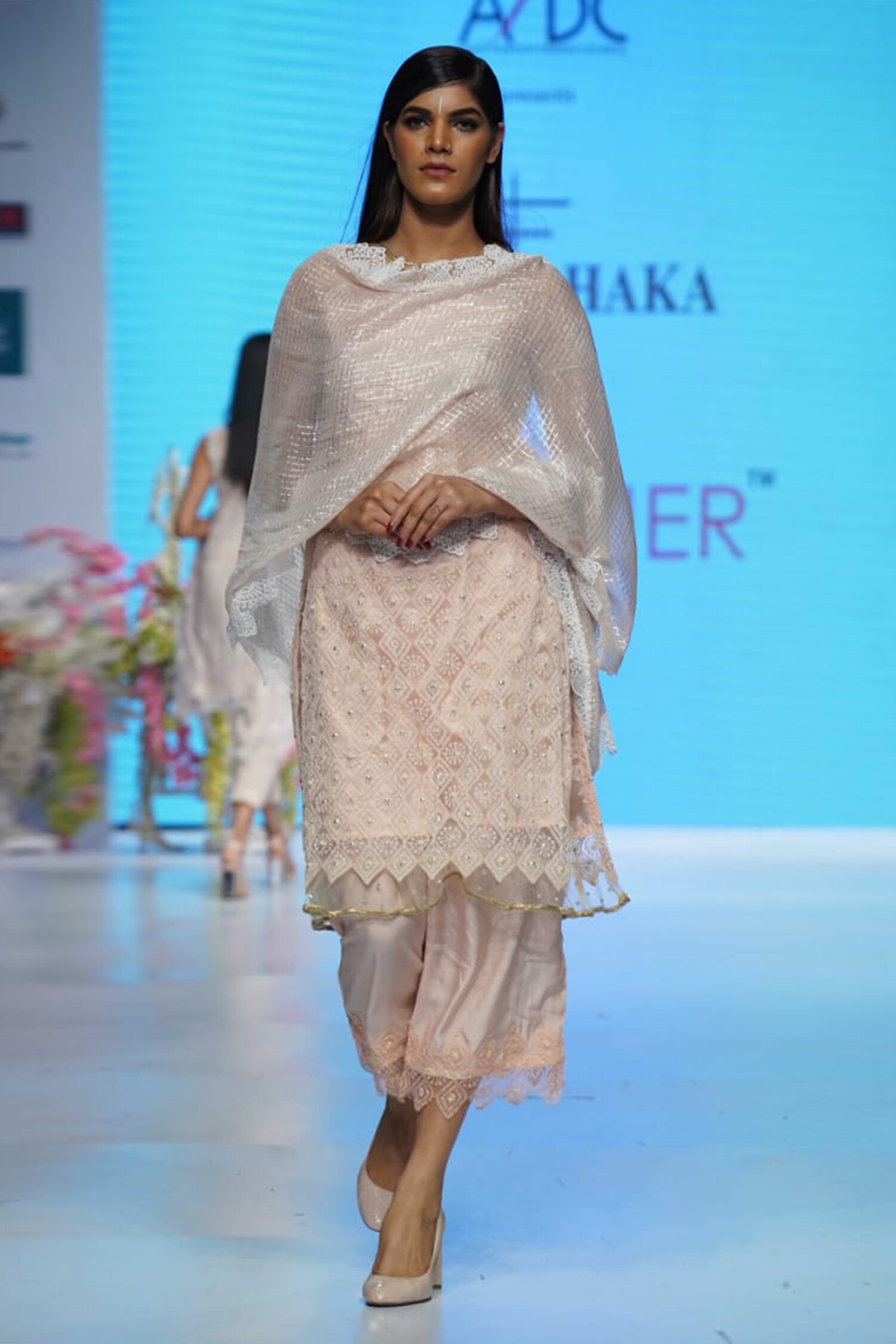 Buy Rina Dhaka Peach Net Hand Embroidered Kurta Set Online | Aza Fashions