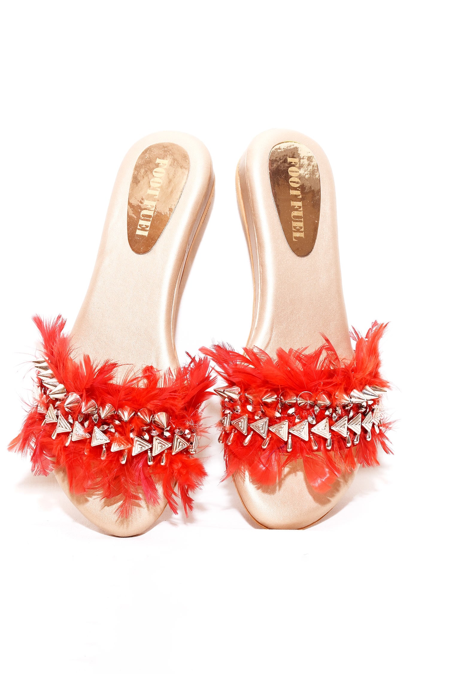 Buy Foot Fuel Gold Rexine Feather Embellished Heels Online | Aza Fashions