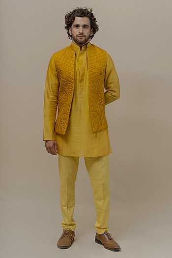 Buy Runit Gupta Yellow Silk Quilted Nehru Jacket Online | Aza Fashions