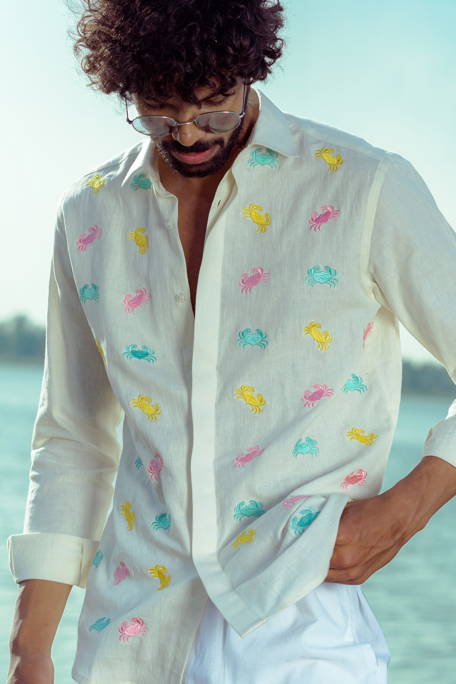 Buy Runit Gupta White Cotton Linen Crab Embroidered Shirt Online | Aza Fashions