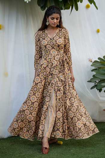 Buy Rivaaj Clothing Brown Block Print Angarkha And Pant Set Online ...