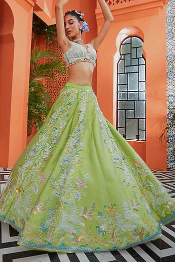 Buy Green Taffeta Embroidery Floral Plunge V Lehenga Set For Women by ...