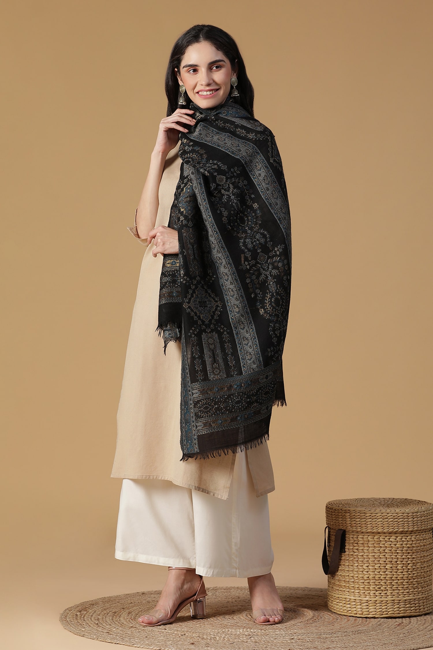 Buy Black Wool Lurex Jacquard Stole by SHINGORA Online at Aza Fashions.
