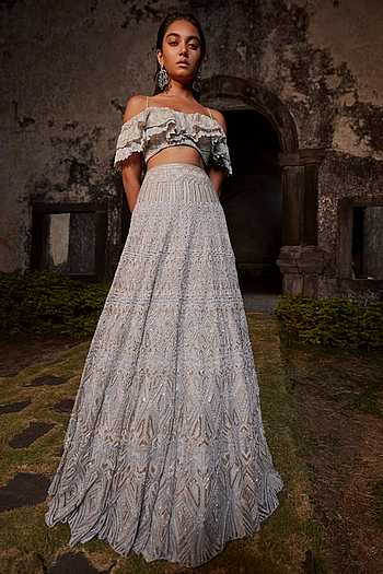 Buy Grey Net Embroidery Bead One Shoulder Georgette Lehenga Set For ...