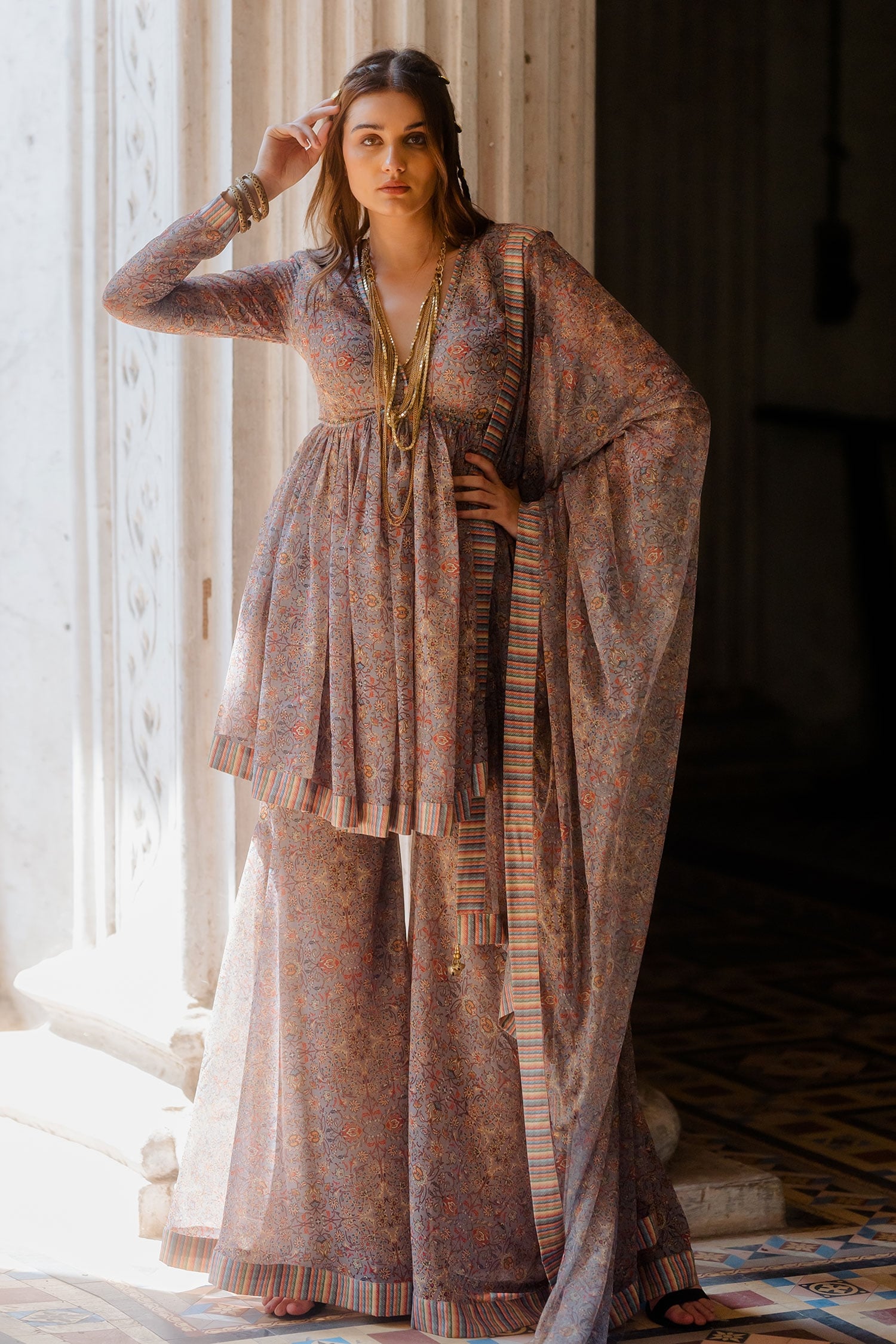 Buy Grey Georgette Printed Persian Pattern V Neck Peplum Kurta Sharara ...