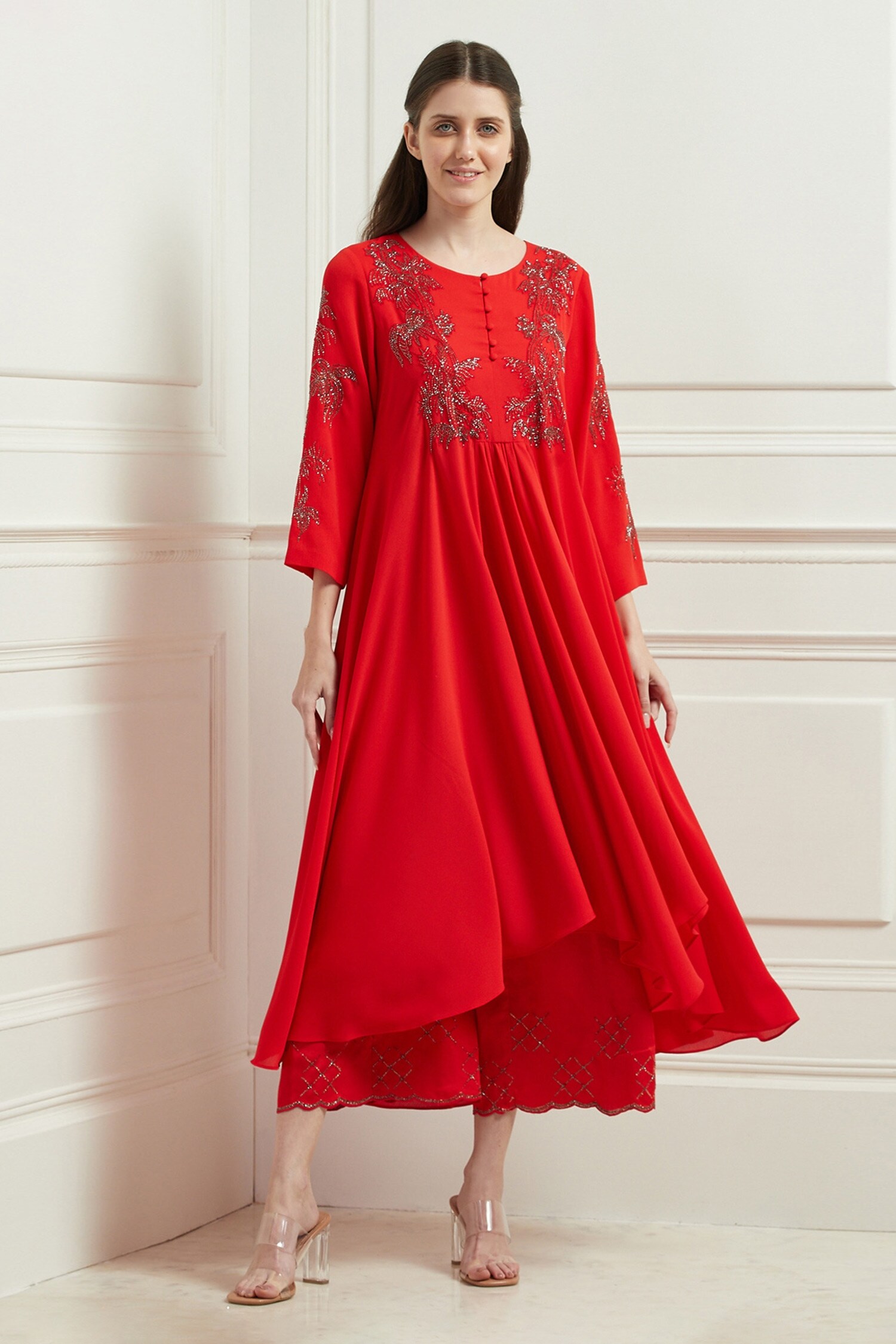 Buy Red Crinkled Georgette Embroidered Bugle Bead Round Asymmetric ...