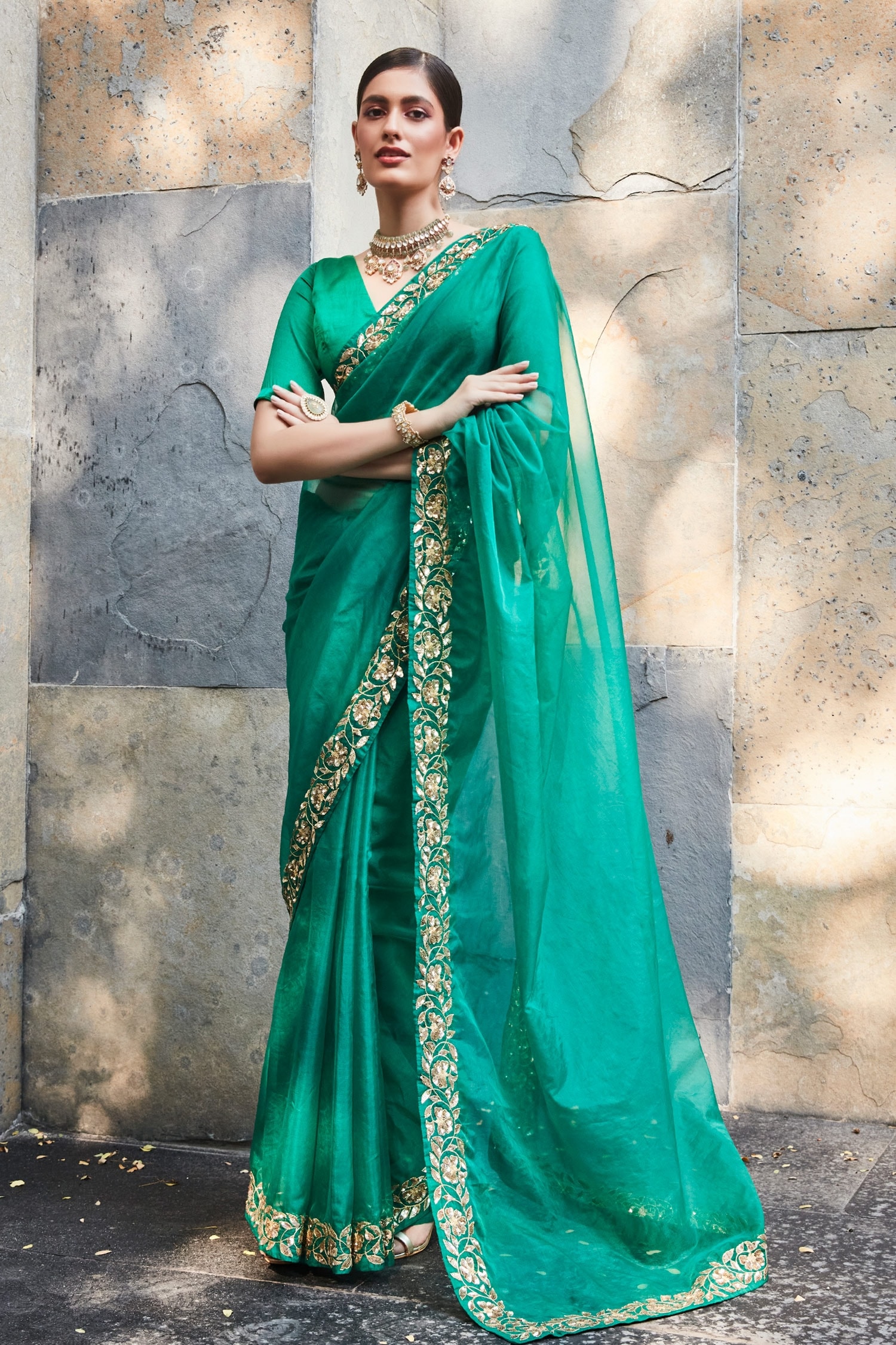 Buy Green Silk Organza Embroidery Zardozi V Neck Border Saree With ...
