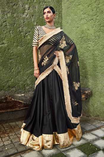 Buy Black Silk Embroidery Gota Plunge V Lehenga Set For Women by Ranian ...
